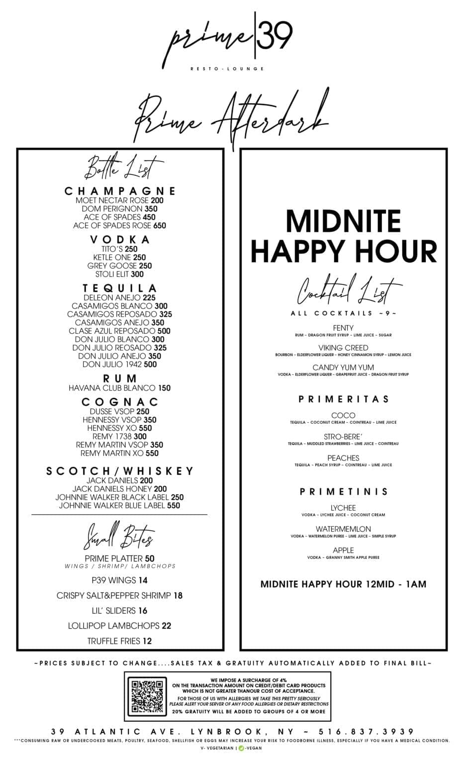 Prime 39 Menu: Dinner, Drinks & Specials